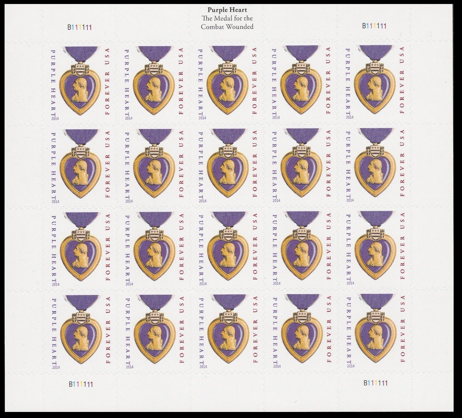 2014 Purple Heart Medal Sheet of 20 Forever Postage Stamps Scott 5035 ...